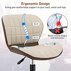 Giantex Home Office Desk Chair, 360° Swivel Height Adjustable Office Chair w/PU Leather, Modern Office Chair, Ergonomic Curved Wood Desk Chairs, Leather Armless Task Chair for Office, Beige & Brown