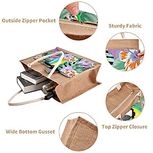 Jute Burlap Tote Bag Parrot Tropical Bird Floral Flowers Leaves Purple Green Large Capacity Reusable Grocery Shopping Storage Bag