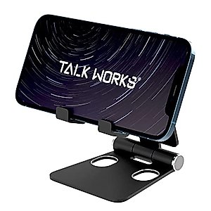TALK WORKS Foldable Cell Phone Desk Stand Compatible w/iPhone 13/13 Pro/13 Pro Max/14/14 Plus/14 Pro/14 Pro Max, Small Tablet, Smartphones - Adjustable Aluminum Holder (Black)