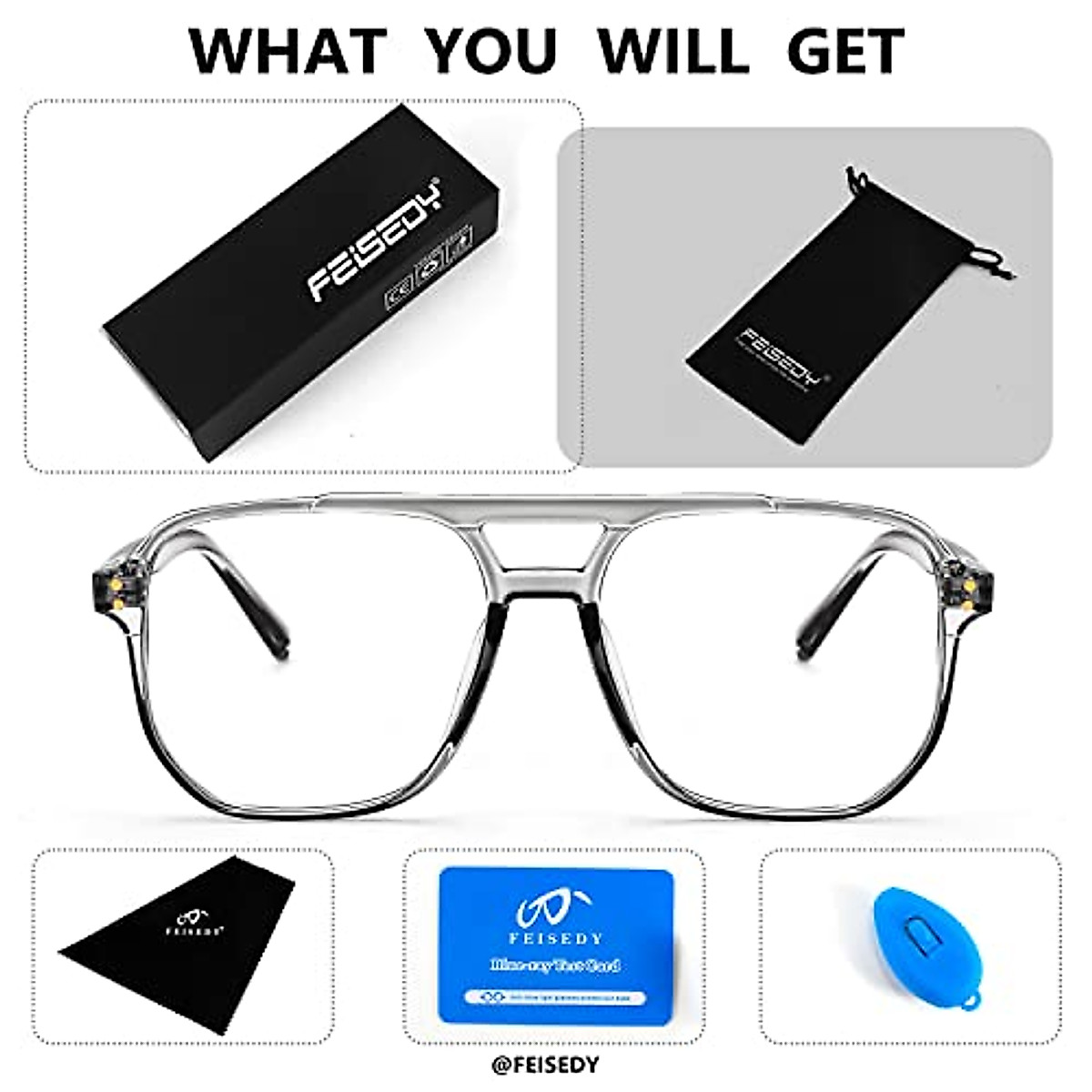 FEISEDY Blue Light Blocking Glasses Fake Nerd Clear Square Computer Lightweight Pilot Glasses Frame Oversized B2866