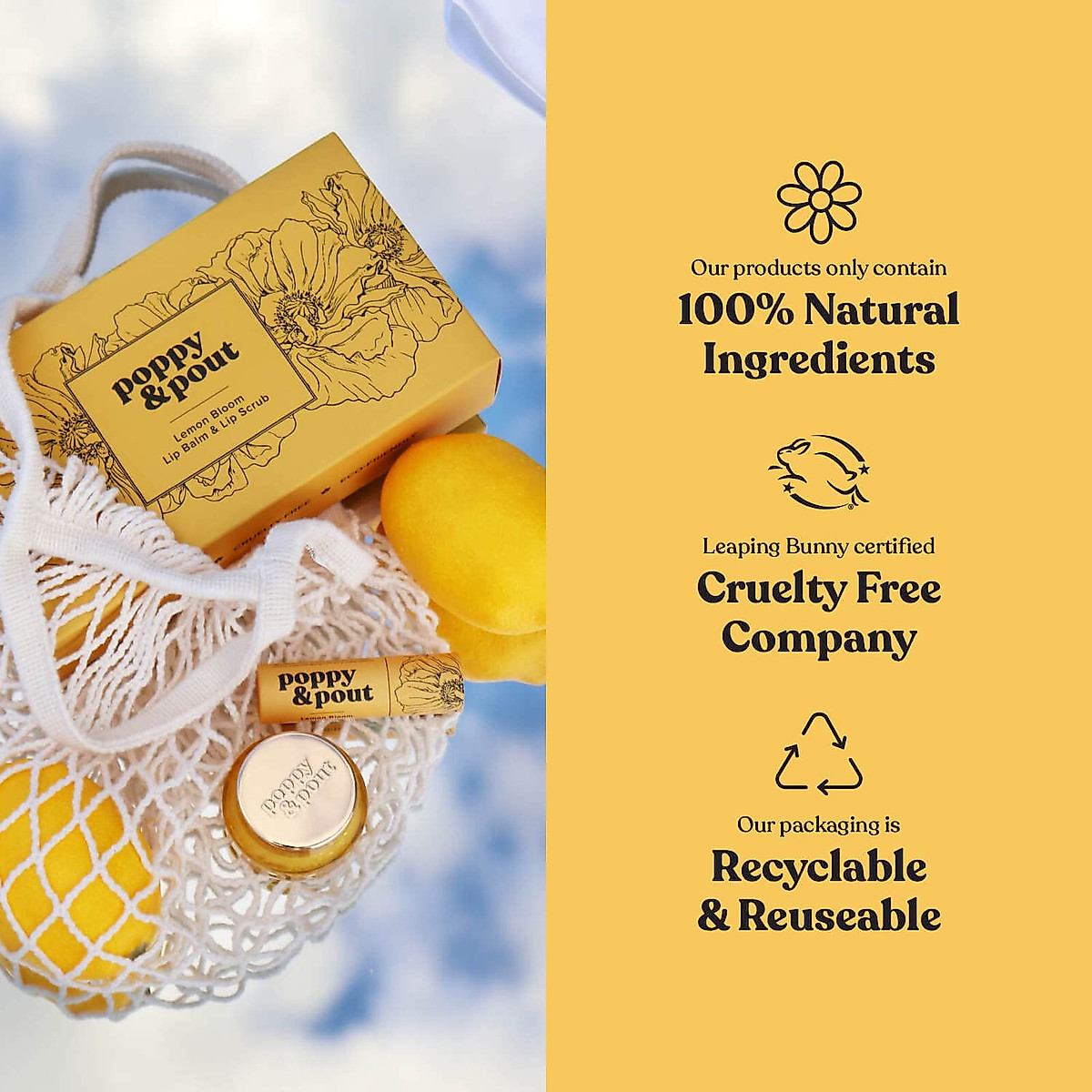 Poppy & Pout Lip Care Set | Lip Balm & Scrub | Sustainable Cardboard Tubes & Glass Jars, All Natural, Beeswax, Coconut Oil, Cruelty Free, Exfoliating & Moisturizing Lip Treatment (Marshmallow Cream)