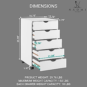 Naomi Home 5 Drawer Dresser for Bedroom, Stylish Tall Dressers with Wheels, Storage Shelves, Small Dresser for Closet, Makeup Dresser with 180 lbs Capacity - White