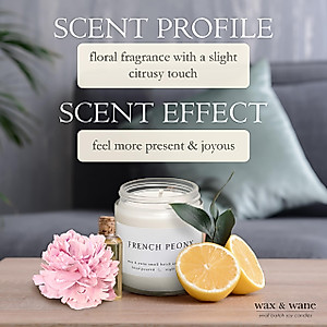 Wax & Wane French Peony Modern 8oz Handmade Candle For Men and Women - Long Burning 40+ Hours Candles For Home, Bedroom, and Bathroom - 100% Natural Soy Candles Made in the USA