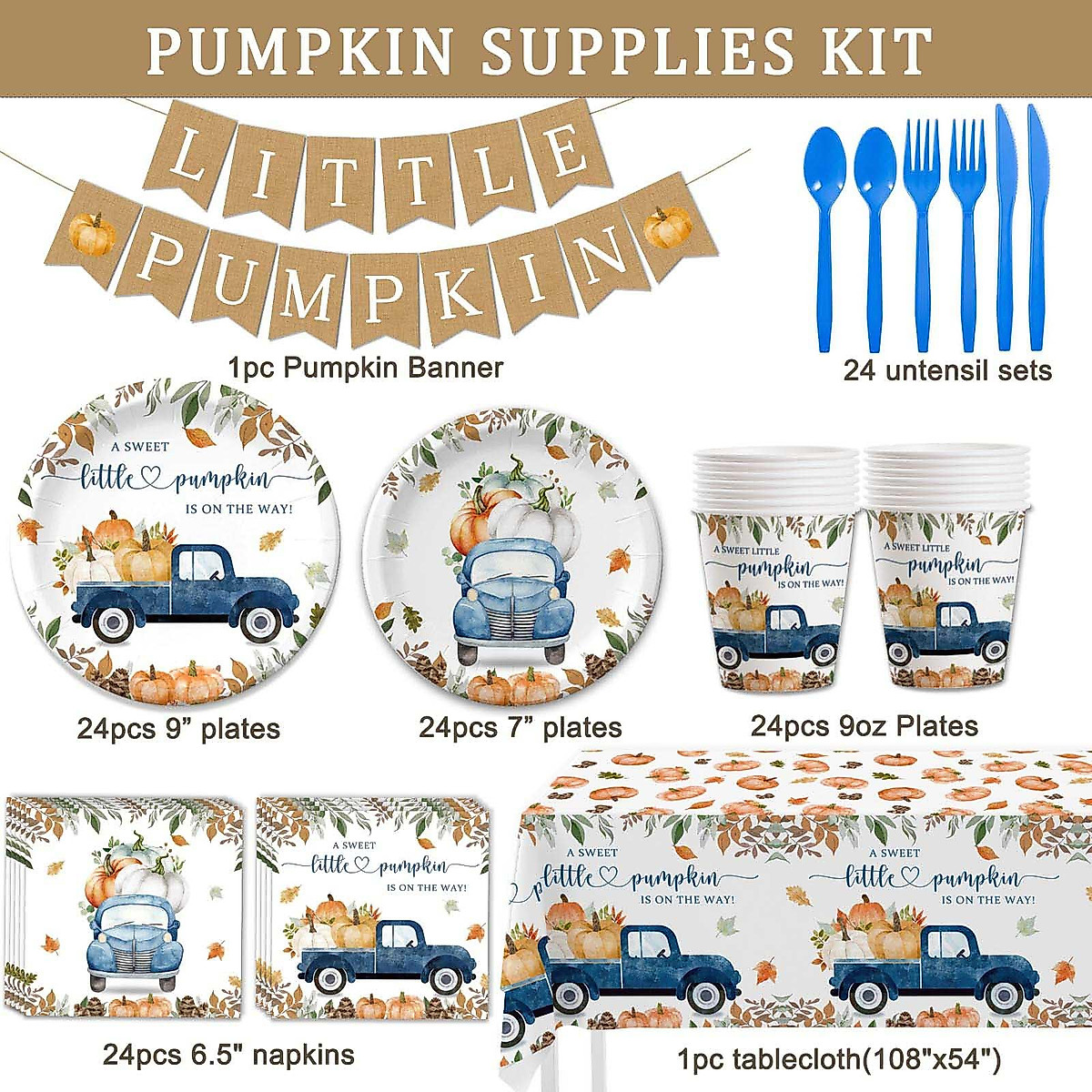 Yuzioey 177pcs Pumpkin Baby Shower Decorations, A Little Pumpkin is On The Way, Fall Pumpkin Disposable Dinnerware (Serve 25 Guests)with Paper Plates Cups Napkins, Banner Tablecloth