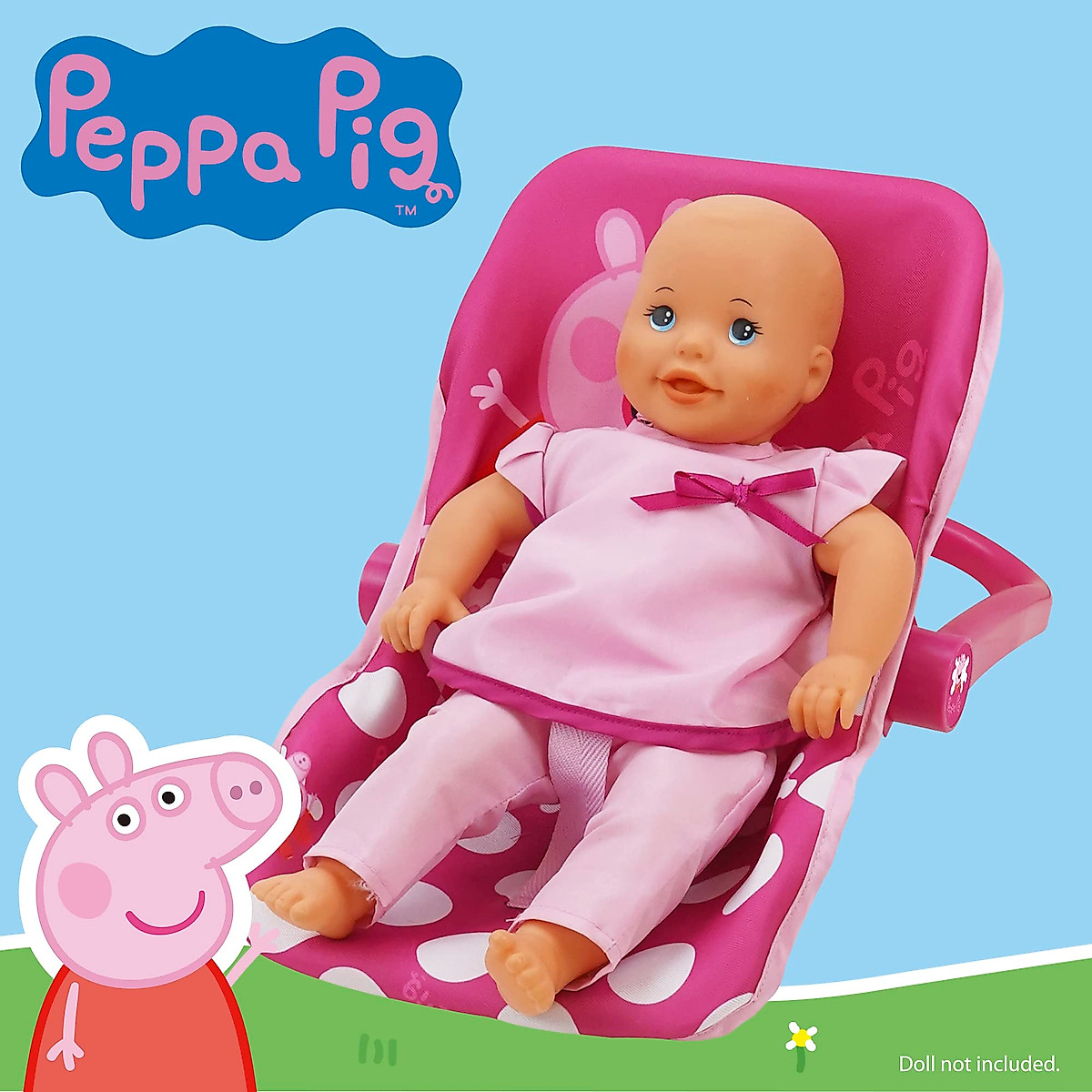 Peppa Pig: Baby Doll Car Seat - Pink & White Dots - Fits Dolls Up to 18" Convertible Into A Feeding Chair, Plastic Shell W/Fabric, Harness Belt, Pretend Play for Kids Ages 3+
