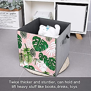 Pink Palm Leaves Collapsible Storage Bins Basics Folding Fabric Storage Cubes Organizer Boxes with Handles