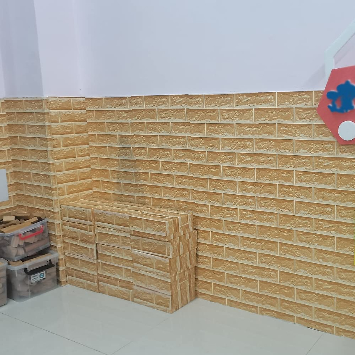 Yifasy 29.5 feet Roll Gold Bricks Shelf Liner Self-Adhesive Wallpaper Yellow Drawer Cover Paper Wall Furniture Protect Film (L-354.3x17.7 Inch)