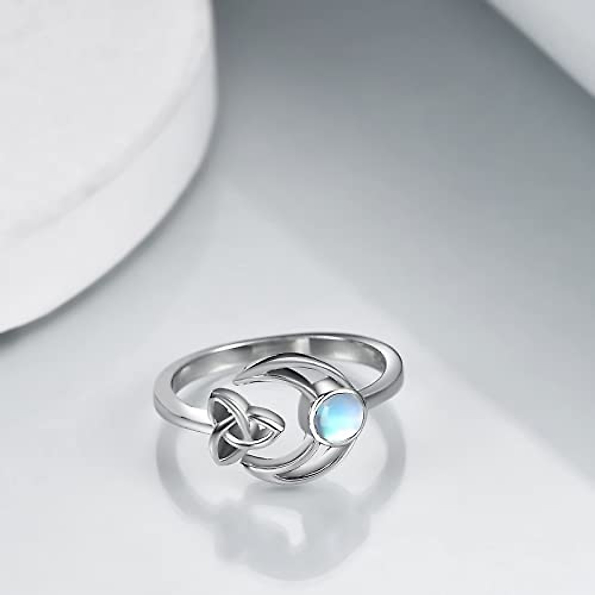 TIGER RIDER Trinity Celtic Knot Moon Ring Sterling Silver Crescent Moon Moonstone Ring Open Adjustable Rings Jewelry Gift for Women