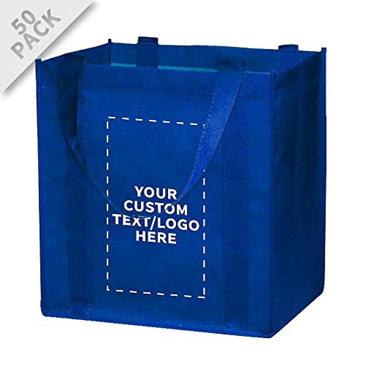 DISCOUNT PROMOS Custom Reusable Grocery Tote Bag for Shopping - 50 Pack - Personalized Logo, Text -Small Foldable Bags – Blue