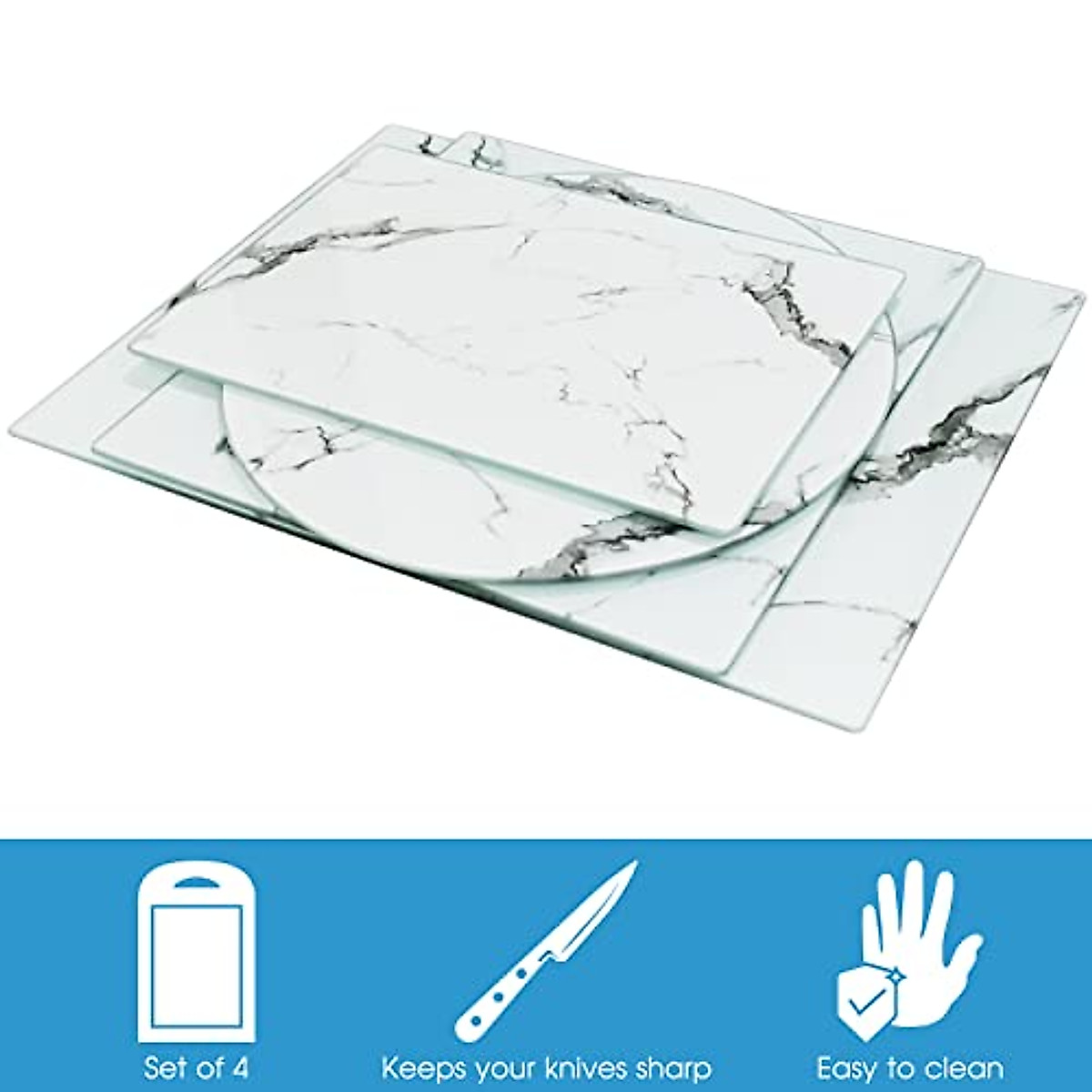 VASUHOME Glass Cutting Board Set of 4, The Place Mat,Shape Variety Decorative Marble Cutting Board with Tempered Glass, for Kitchen, White