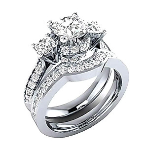 Luxury and Shining Womens 2-in-1 White Diamond Silver Engagement Wedding Band Ladies Rings