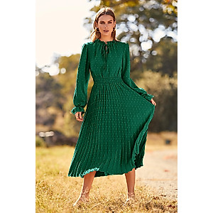 PRETTYGARDEN Women's 2024 Fall Midi Dress Casual Long Sleeve V Neck Swiss Dot Pleated A Line Flowy Dresses (Dark Green,Large)