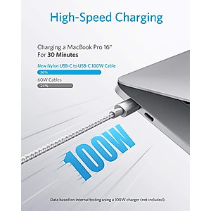 Anker Cable 100W 10ft, New Nylon USB C to USB C 2.0, Type C Charging Cable Fast Charge for MacBook Pro 2020, iPad Pro 2020, iPad Air 4, Galaxy S20, Pixel, Switch, LG, and More(Silver)