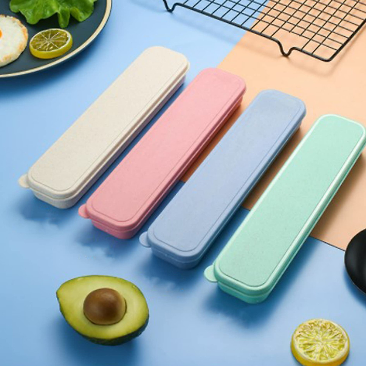 MY MIRONEY 4 Pieces Travel Tableware Storage Box Portable Cutlery Storage Box Case Chopsticks Spoon Fork Travel Utensils Storage Box, Pink, Blue, Beige, Green
