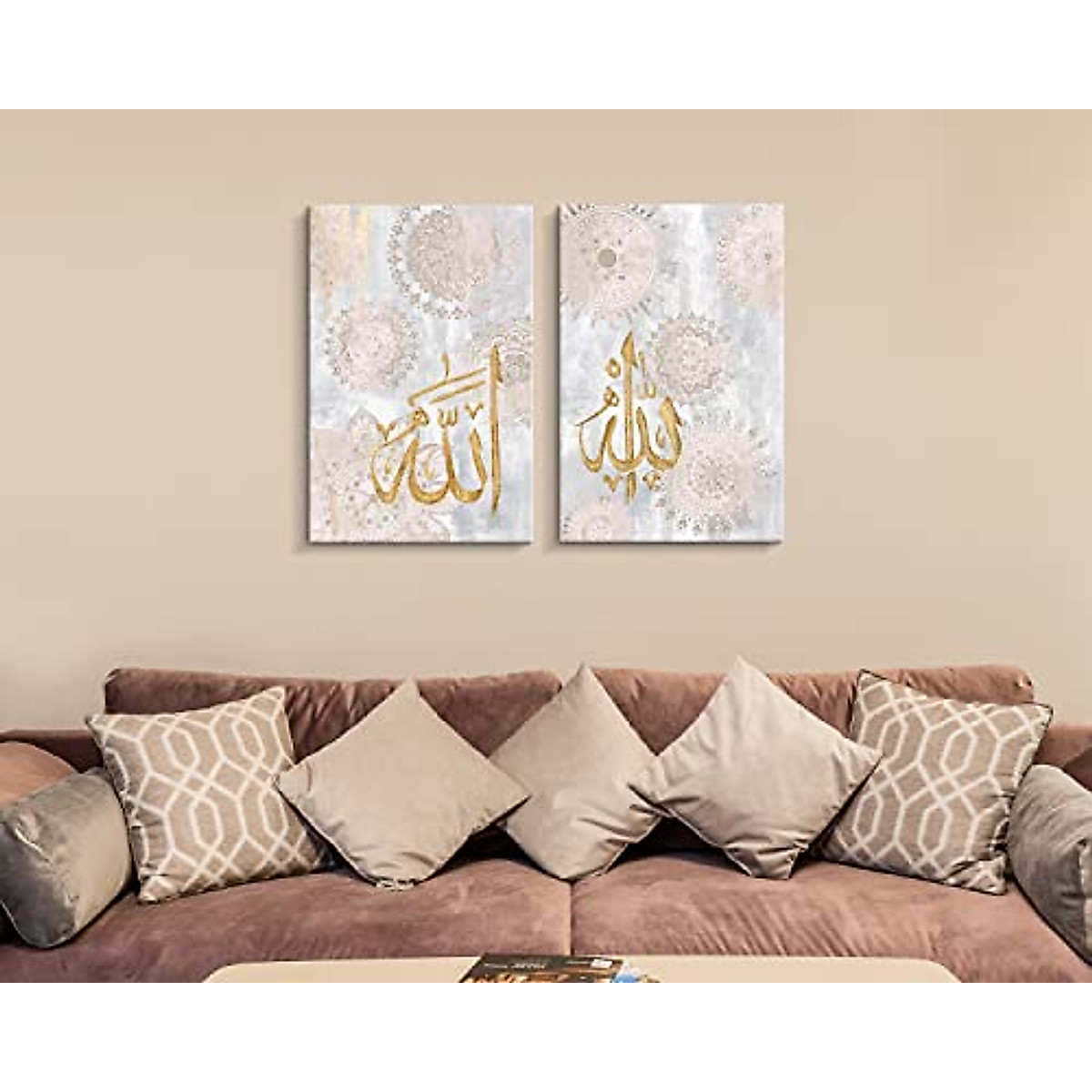 Kas Home 2 Panels Islamic Wall Decor Modern Muslim Rabic Calligraphy Pink Canvas Wall Art Gold Insha Allah Quotes Calligraphy Framed Prints Painting Poster for Home Office (Pink - islamic, 12 x 16 Inch x 2)