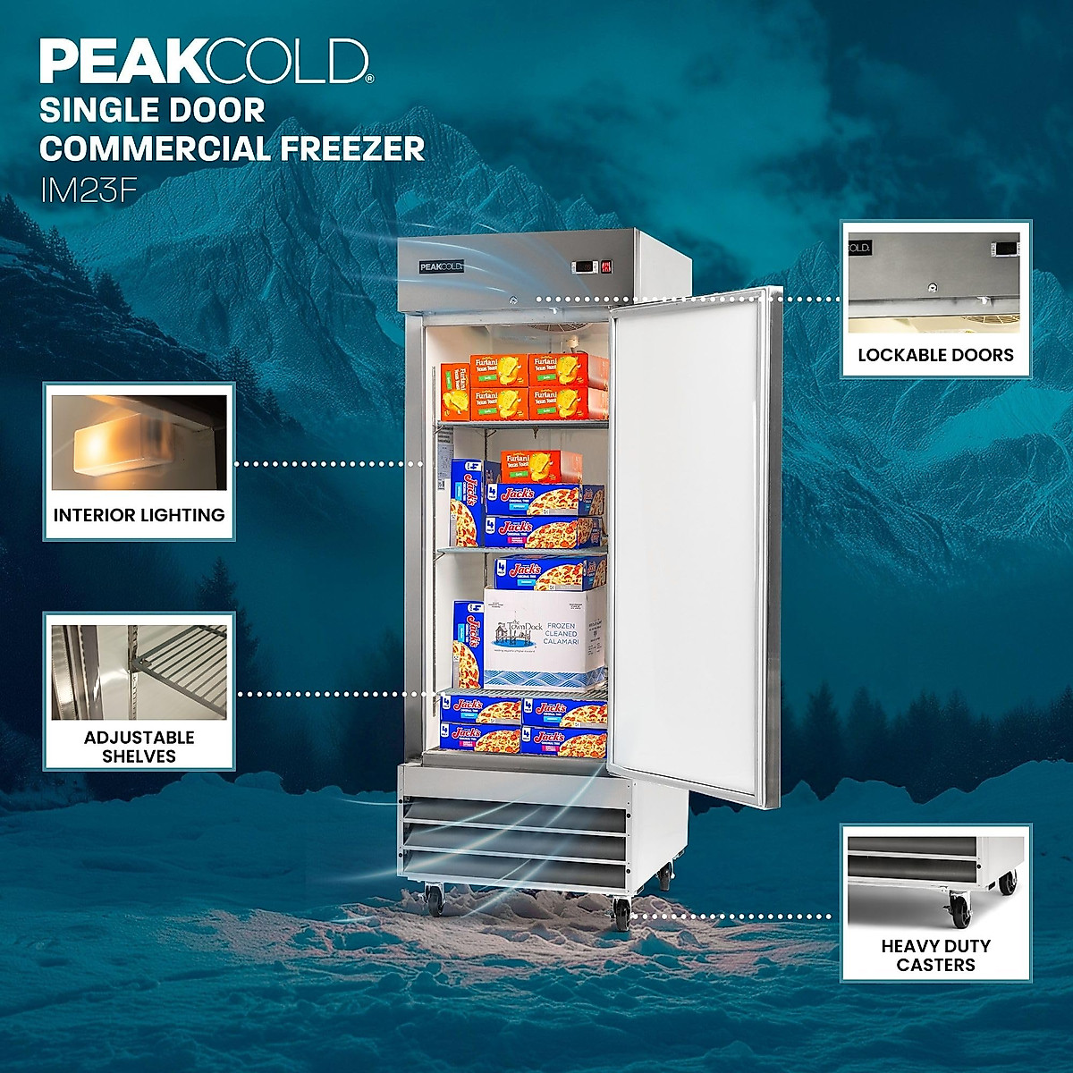 PEAKCOLD Single Door Commercial Reach In Stainless Steel Freezer, White Interior; 23 Cubic Ft, 29 Wide inch
