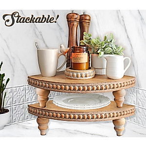 Farmhouse Corner Shelf Stand [with Removable Feet] - Bathroom Countertop Organizer, Decorative Tray Riser, Beaded Wooden Tray, Corner Tray Plant Stand, Coffee Bar Organizer for Kitchen Countertop