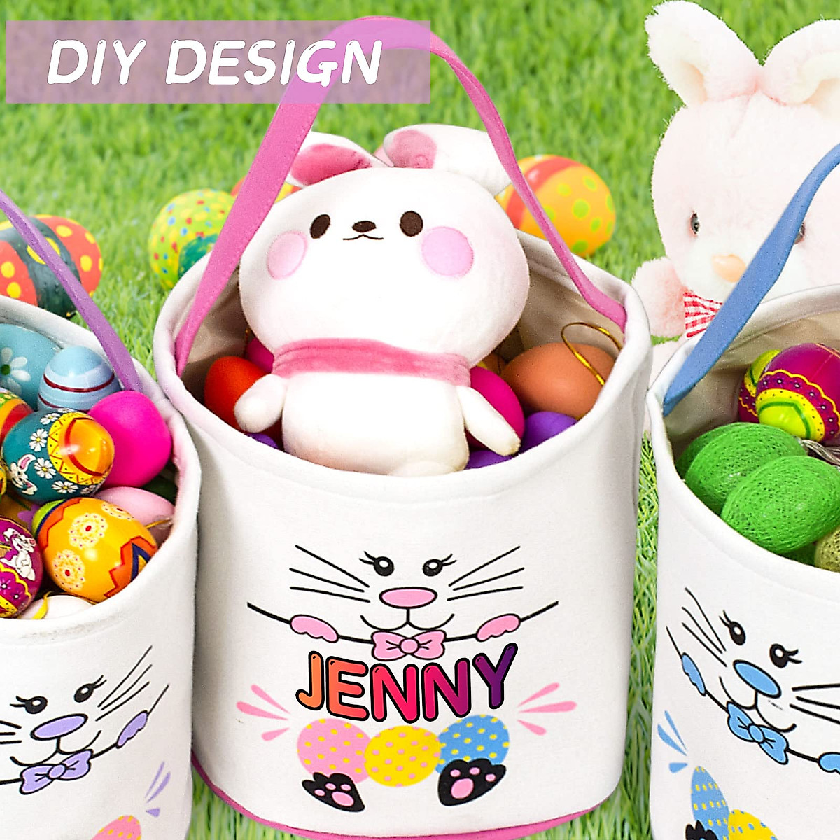 3 Pcs Easter Baskets for Kids - Easter Egg Bags Easter Candy Egg Hunt Basket Cute Rabbit Tote Bag for Kids Easter Decorations Eggs Candy
