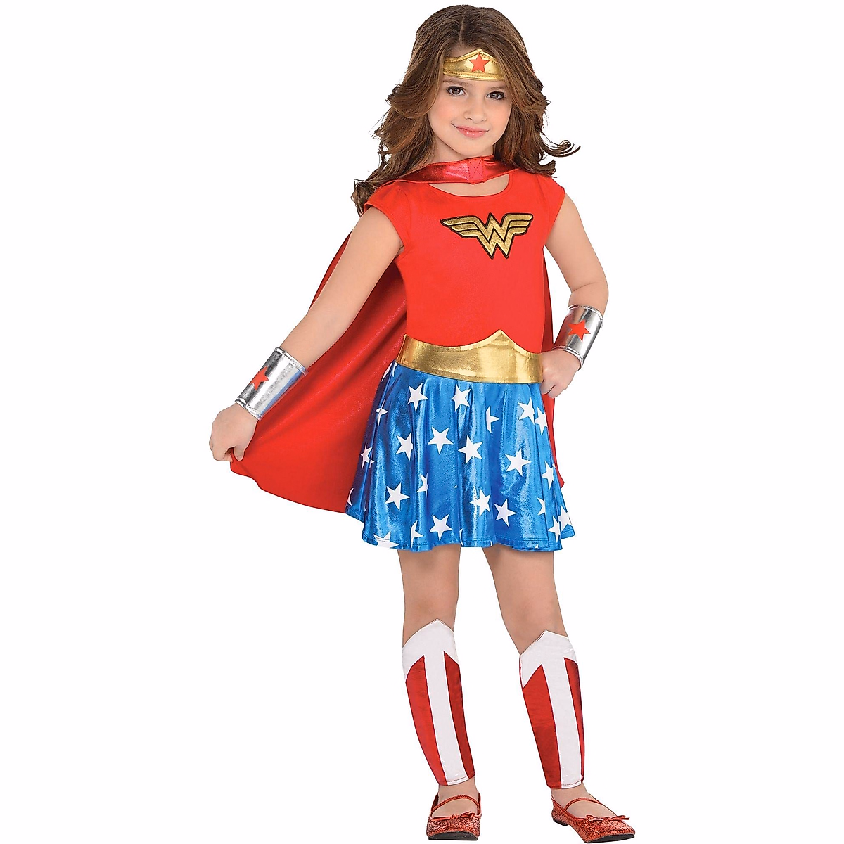 Costumes USA Wonder Woman Halloween Costume for Girls, Size 3-4T, Includes Dress, Cape, Headband, Gauntlets and More