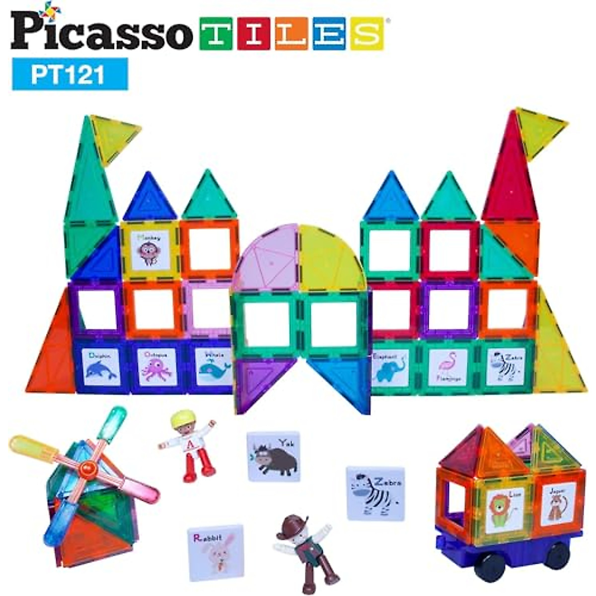 PicassoTiles 121 pc Master Builder Magnetic Building Block Construction Set Magnet Tiles Blocks with Car Truck, 2 Character Action Figures, 28 Educational Alphabet Animal and Number Graphics, Windmill