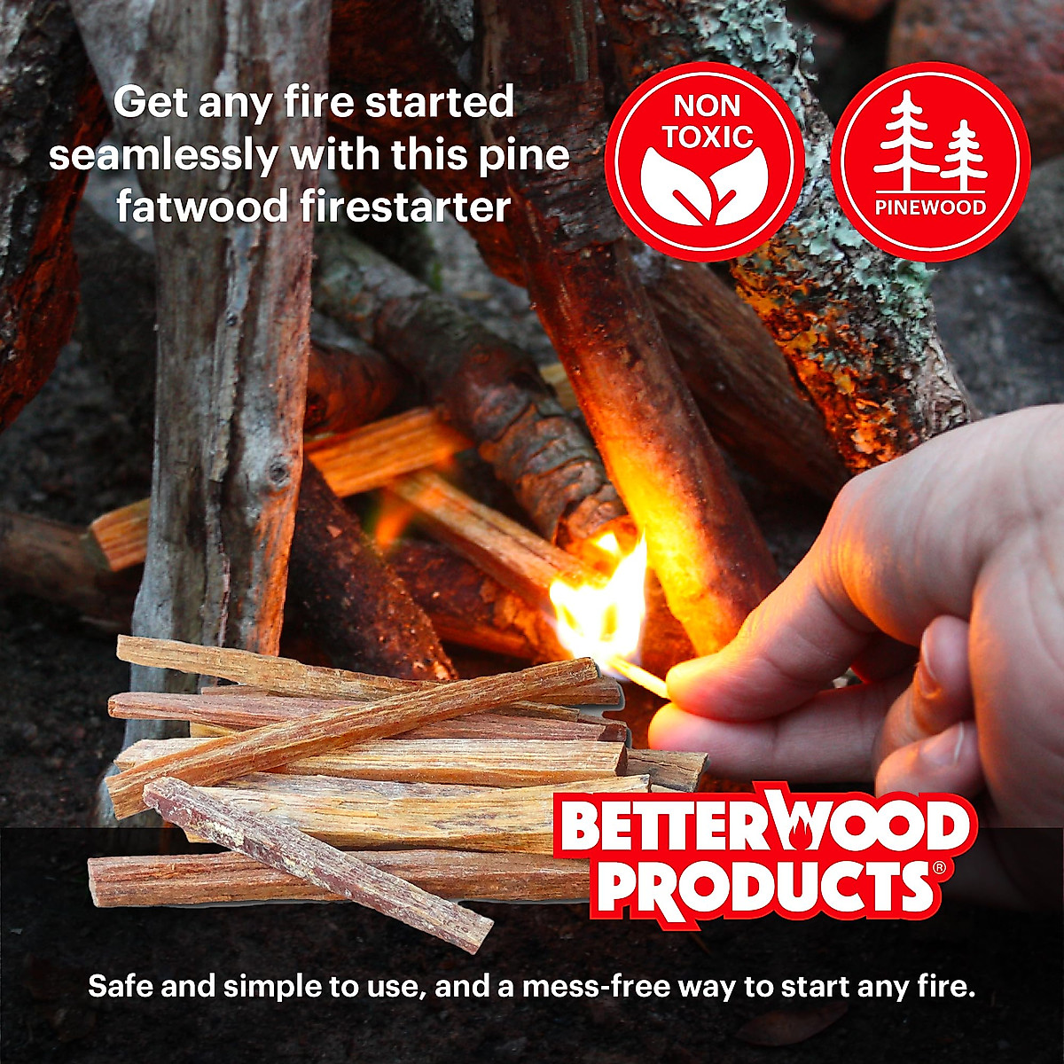 Better Wood Products 1 Pack Fatwood Fire Starter Sticks, Fireplace & Campfires, 50 Lbs