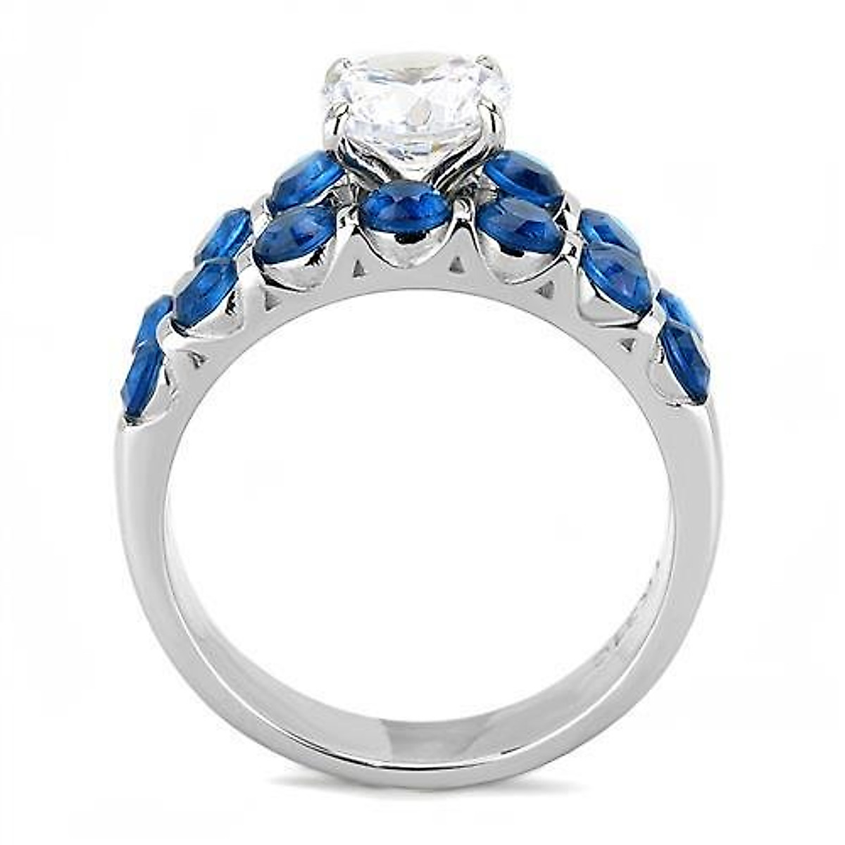 Nationalonlinediscounts Women's Stainless Steel Round Clear Cz & Blue Sapphire cz Band Wedding Engagement 2 Ring Set (7) (7)