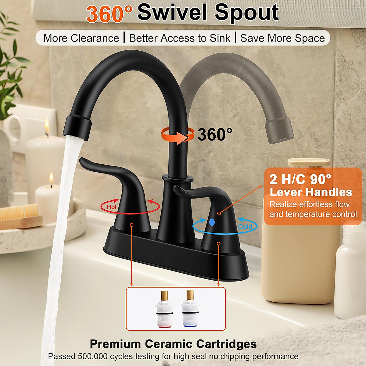 Bathroom Faucet for 3 Hole, Homikit 4 Inch 2-Handle Bathroom Sink Faucet, Matte Black Bathroom Faucets for Sink Vanity RV Lavatory, Stainless Steel Faucet for Bathroom Sink with Drain & Hoses & Hooks