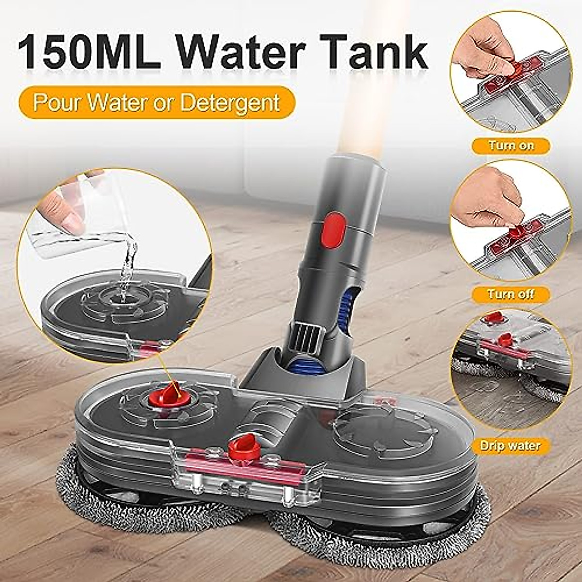 RUKHOOL Electric Mop Head Attachment for Dyson V15 V11 V10 V8 V7 Vacuum Cleaner Parts Spin Mop Replacement with 8 Washable Mop Pads 1 Water Tank