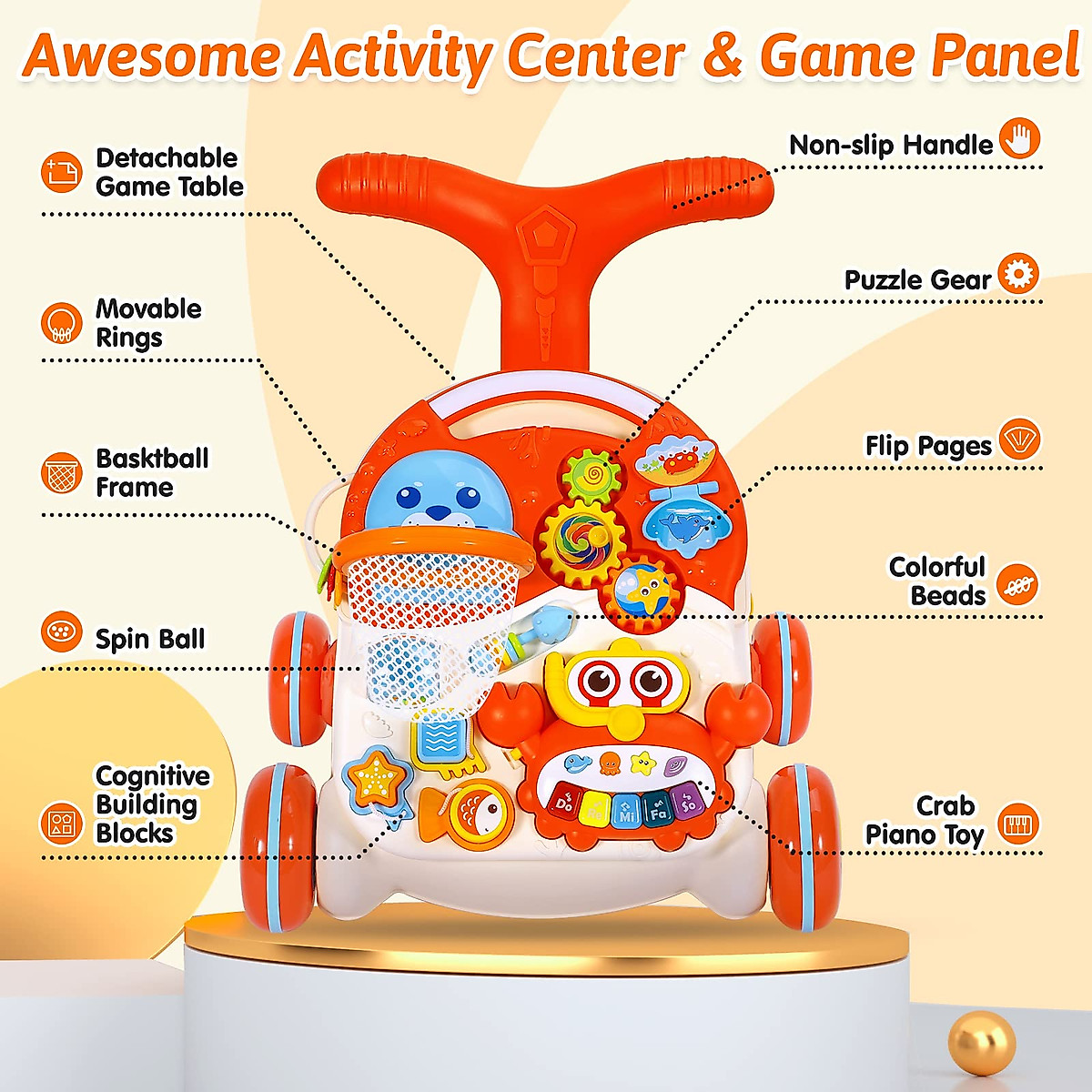 Baby Walker for 1 Year Old Boys Girls, Sit to Stand Learning Walker with Kids Early Active Center & Removable Play Panel, Toddler Push Walking Toy for 9 12 18 Months Christmas Birthday Gift