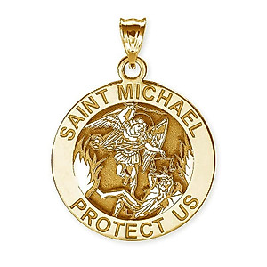 PicturesOnGold.com St Michael Pendant - Saint Michael Pendant Religious Medal Necklace - 1 Inch Size of a Quarter in Yellow Gold Filled - Includes 18 inch Chain (Necklace + Engraving)