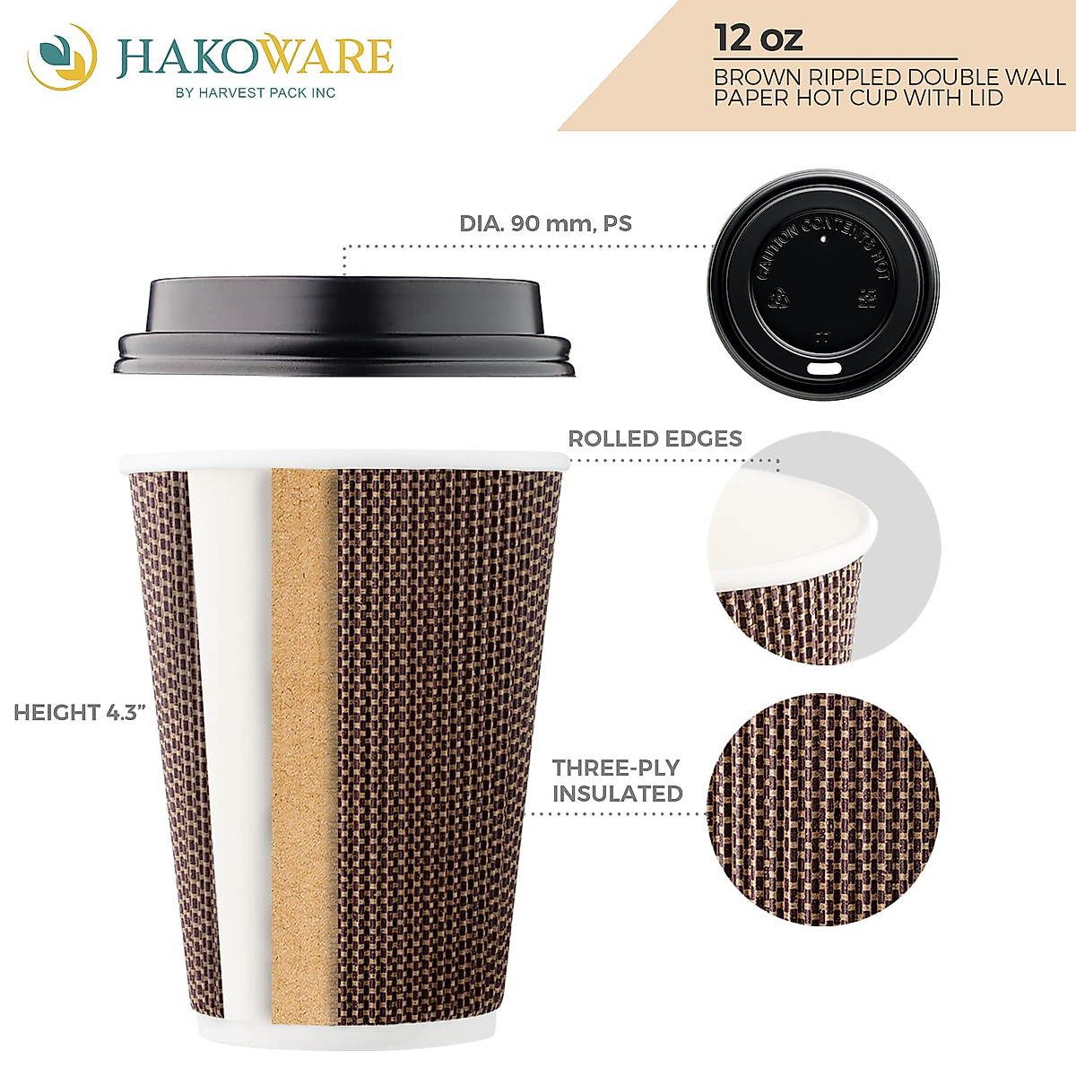 [100 SET]Harvest Pack 12 oz Disposable Coffee Cups, Insulated Ripple Double-Walled Paper Cup with Lid, Brown Geometric, Tea Hot Chocolate Drinks To go coffee cups