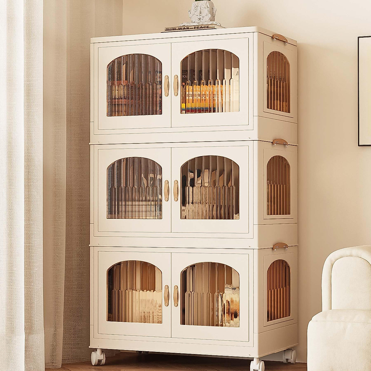 Collapsible Storage Bins with Wheels and Lid - 3 x 21.6GAL Extra Large Stackable Storage Containers, 245 Quart Plastic Foldable Closet Organizers and Storage Cabinet for Bedroom, Dorm, White