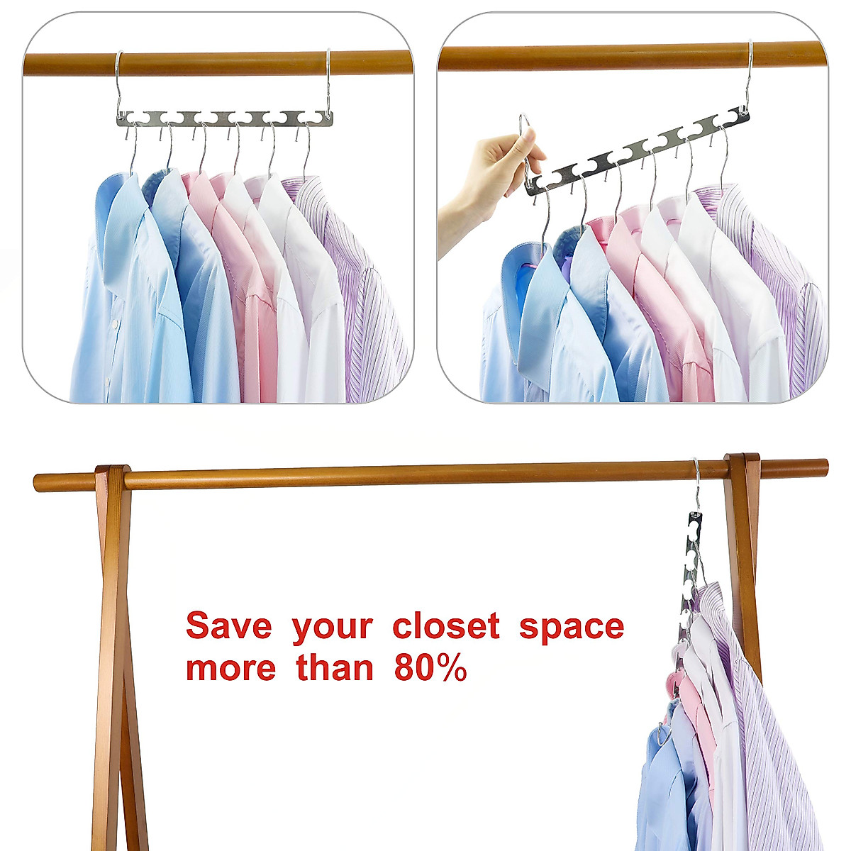 TOPIA HANGER Closet Hangers Space Saving, Heavy Duty Chrome Clothes Hanger Organizer, Multifunctional Hangers for Closet with Wider Wavy Slots and Hooks 4pcs, CT11C