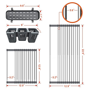 BUILOG Roll Up Dish Sink Drying Rack Extra Large Expandable to 22.9'',Stainless Steel Over Rolling up Mat Dish Drying Rack with 2 Storage Basket Holders for Kitchen Dishes Fruits