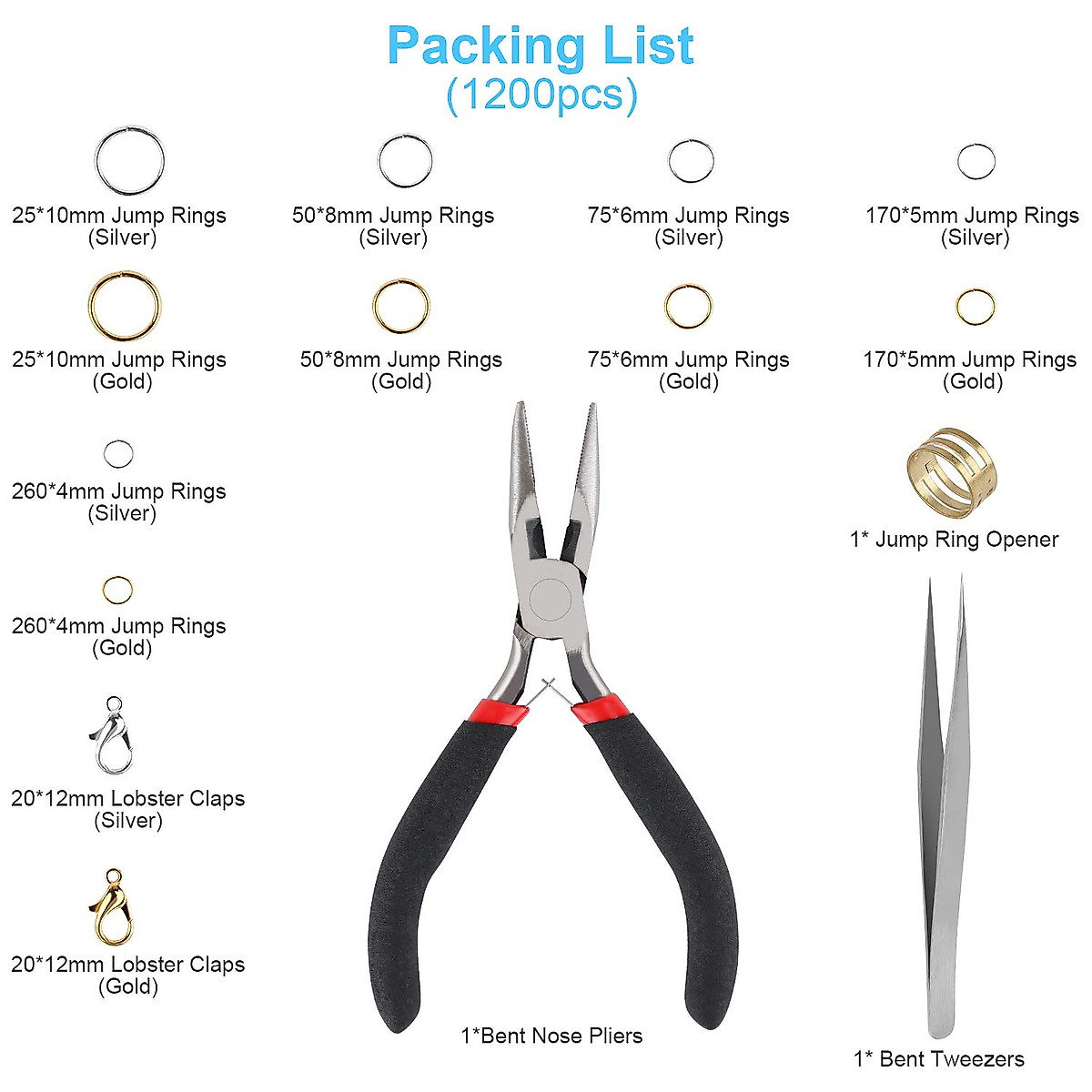 1200pcs Open Jump Rings and Lobster Clasps with Jump Ring Pliers, Perfect Jewelry Findings Kit for Jewelry Making Supplies and Necklace Repair