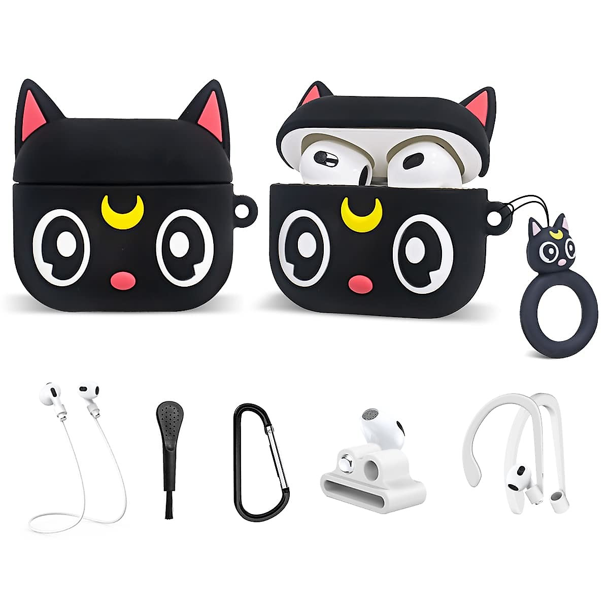 Cute Black Sailor Moon Airpods 3rd generation(2021) Case,7 in 1 Airpods 3 Silicone Accessories Protective Cover, Fashion Fun Cartoon Character Luna Cat Design Airpods 3 Skin for Girls Women Kids Teens