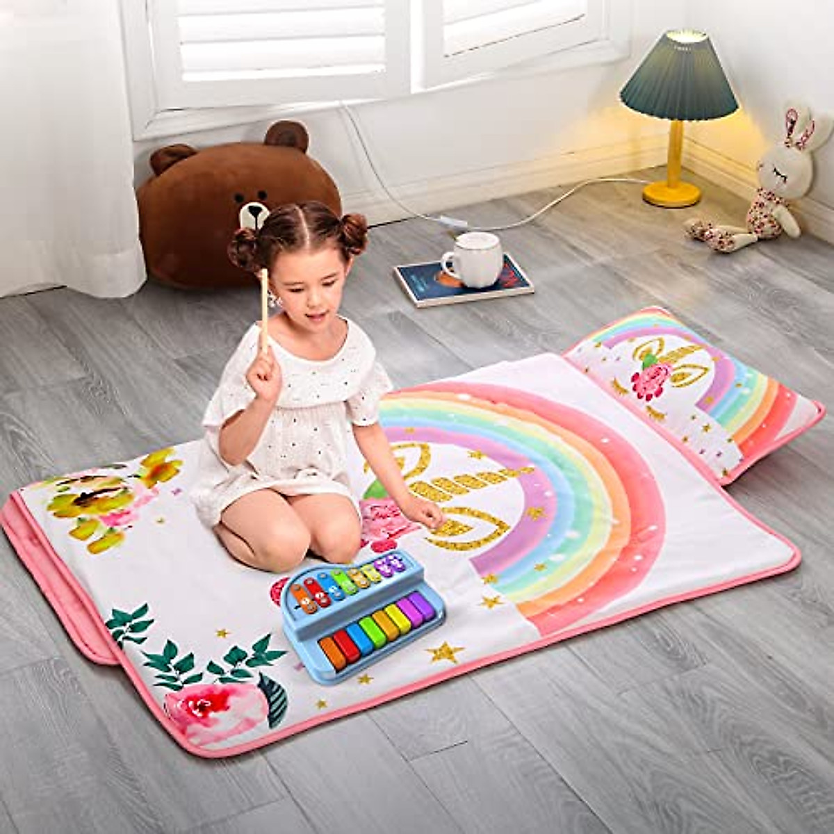 Wowelife Toddler Sleeping Bag Unicorn Toddler Nap Mat with Removable Pillow for Boys Girls Daycare Preschool Kindergarten,Carry Handle with Straps Closure, 50 * 20 Inch(Pink)