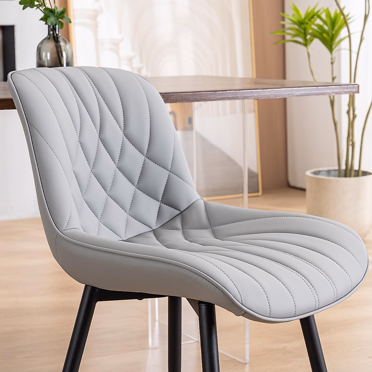 YOUNUOKE Dining Chairs Set of 2 Mid Century Modern Kitchen Chair Comfortable Upholstered Faux Leather Dinner Chairs for Kitchen Dining Room, Grey