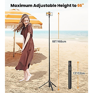 TONEOF 66" Automatic Phone Tripod with Magnetic Rechargable Remote,Selfie Stick 360° Vertical & Horizontal Rotatable,Stable for iPhone/Android(Black)