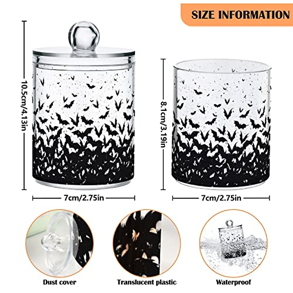 Bats Halloween Clear Plastic Storage Jars with Lids, Bathroom Vanity Storage Organizer Holder Canister for Cotton Swabs,Makeup Sponges, Flossers,Bath Salts,4 Pack