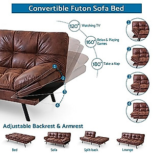 LIFERECORD Futon Sofa Bed Loveseat Sleeper Memory Foam with Adjustable Armrest&Backrest,Modern Convertible Couches for Living Room, Bedroom, Small Spaces, Brown