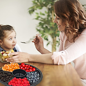 12 PCS Round Appetizer Plastic Serving Tray with Lids and Fork, Divided Candy Nut Serving Plate, Disposable Fruit Dish Platter Appetizer Tray for Dried Fruit, Snack, Desserts (Black)