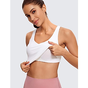 CRZ YOGA Butterluxe Womens V Neck Workout Tank Tops with Built in Bras - Sleeveless Padded Racerback Yoga Athletic Camisole White Small