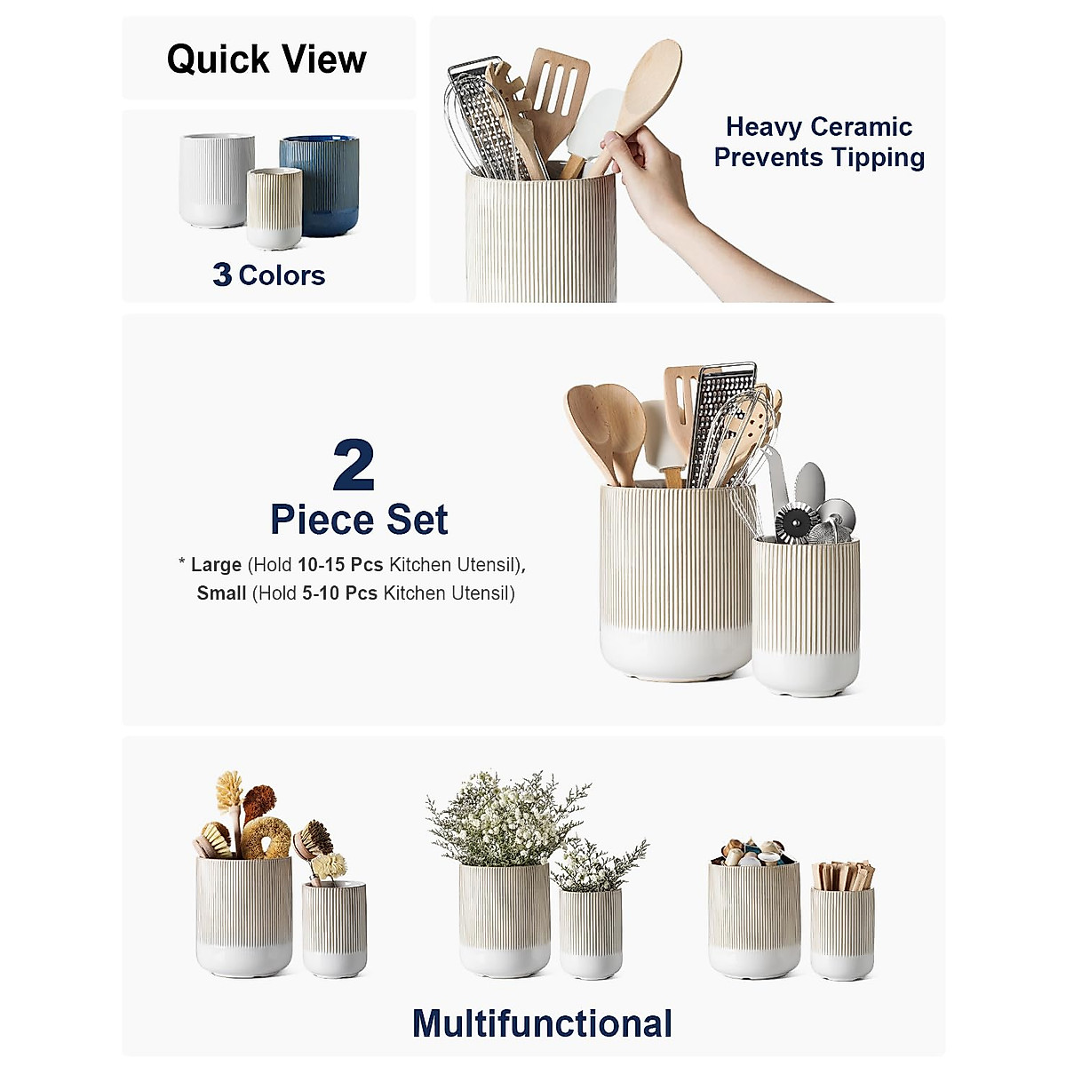 LE TAUCI Utensil Holder, 7.3"+5.4" Ceramic Kitchen Utensil Holder for Countertop, Large Cooking Utensil Crocks Gift for Mom, Boho Farmhouse Kitchen Decor, Set of 2, Reactive Glaze Arctic White