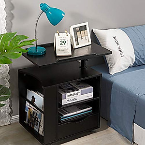 SIDUCAL Multi-Functional Wooden Bedside Table Height Adjustable & 360 Rotation Table top Rolling Laptop Desk Computer Table，Nightstand with Drawers, Black (Right Side) …