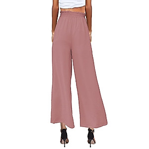MAYFASEY Linen Pants for Women Wide Leg Casual Stretchy Palazzo Pants Office Capris Elastic Waist Loose Fitting Lounge Yoga Trousers with Pockets Pink 3XL