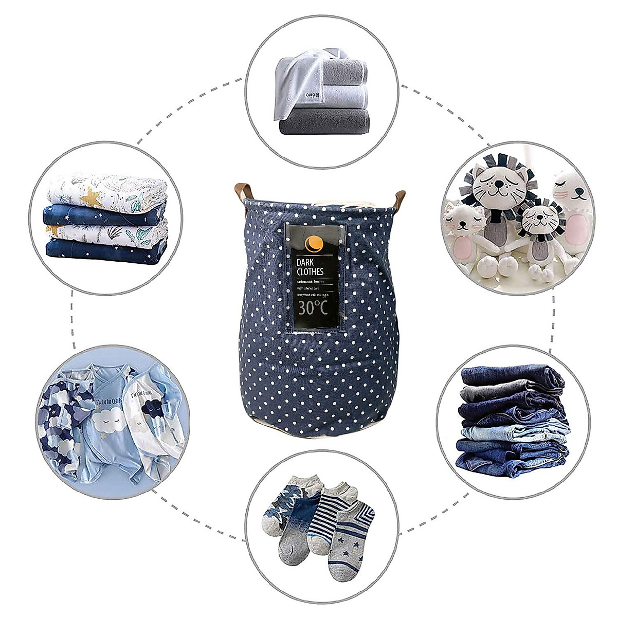 Collapsible laundry basket hamper. Round lunar canvas waterproof large storage bin baskets. Storage washing clothes and toys with handles and drawnstring 13.3"x 18.5"