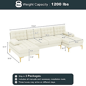 VERYKE U Shape Sectional Sofa Couch,Modern 110'' Linen Button Tufted Sectional Couch Sofa, Upholstered Sofa Bed with Metal Legs for Living Room