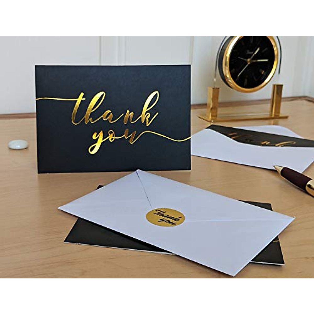 100 Thank You Cards in Black with Envelopes and Stickers - Quality Elegant Bulk Notes Embossed with Gold Foil Letters for Weddings, Graduations, Engagements, Business, Formal, Funeral, 4x6