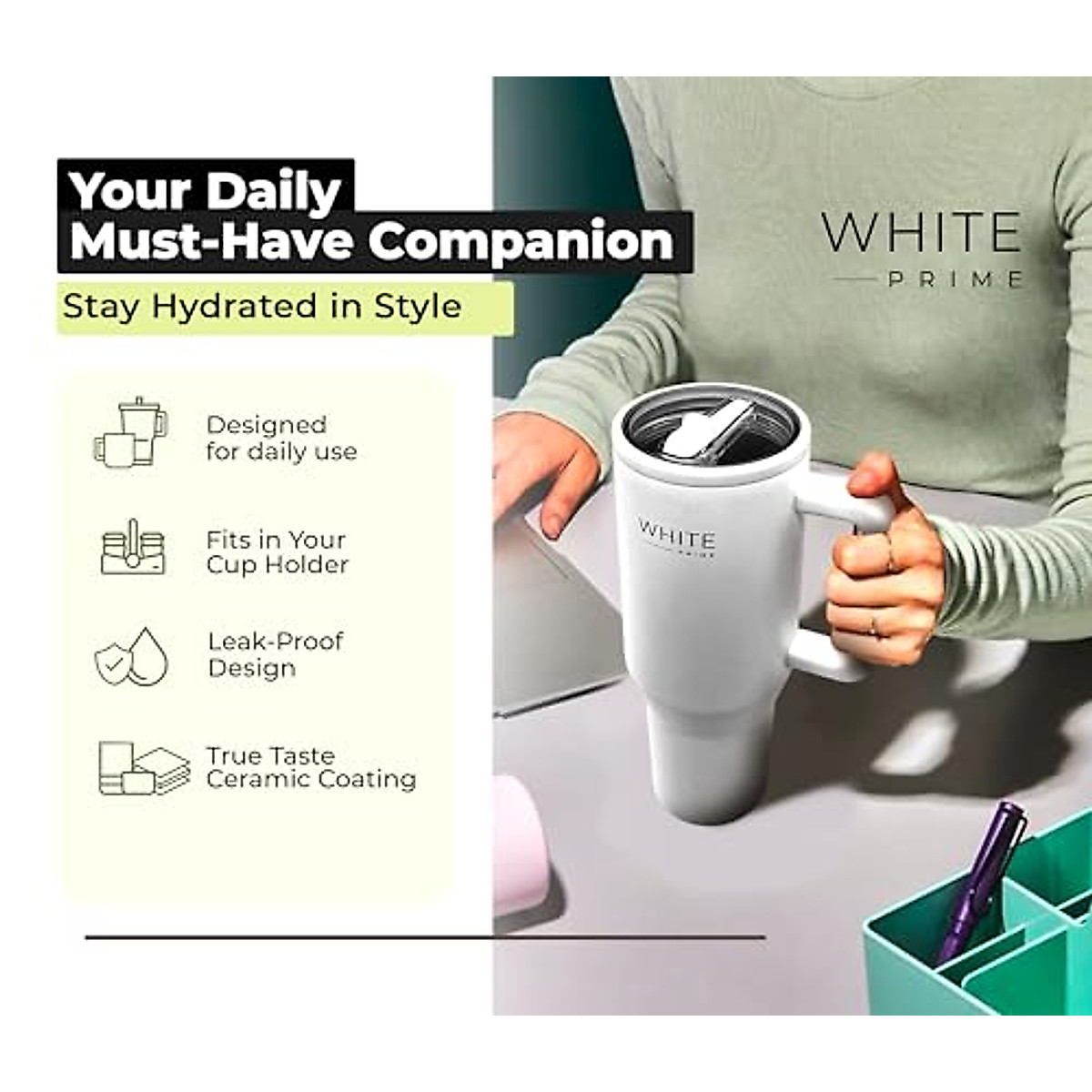 WHITE Prime 40 oz Tumbler | 100% Leak Proof | Simple Elegant Modern | Stainless Steel Double Wall Tumbler with handle | Reusable Water Bottle | Cupholder Friendly | Drinkware Flasks